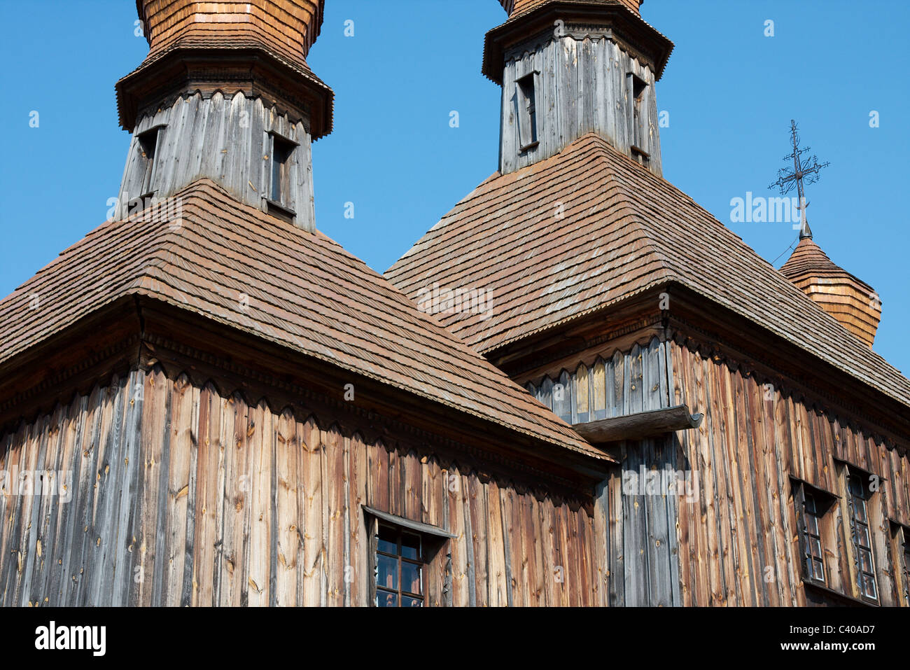 Old wooden church detail against clear blue sky Stock Photo - Alamy