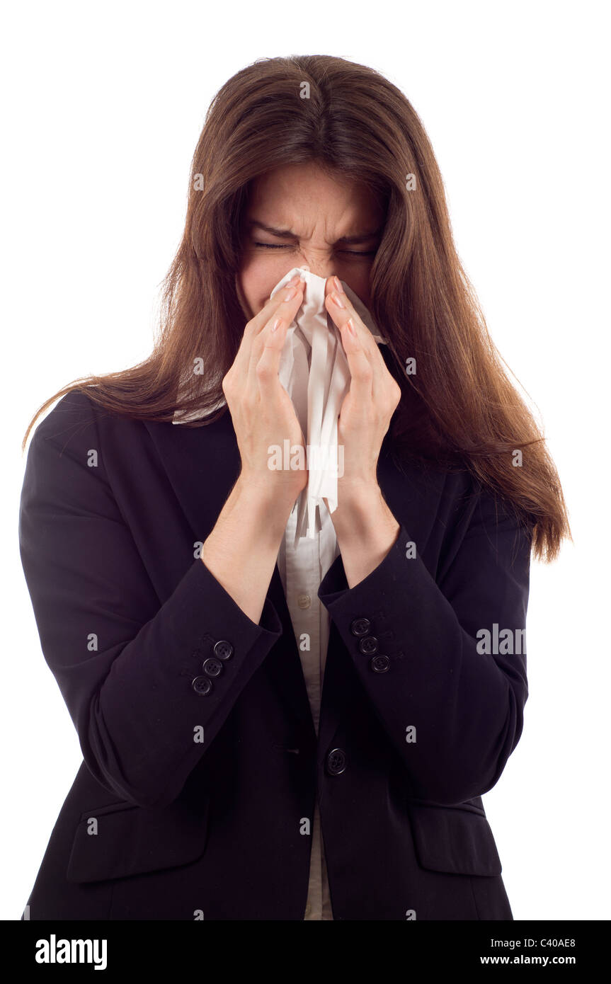 Woman sneezing nose having cold isoalted over white background Stock ...