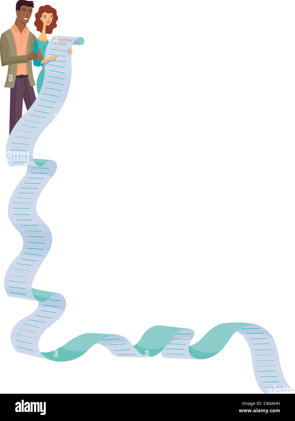 Illustration of two people unrolling a long list Stock Photo - Alamy