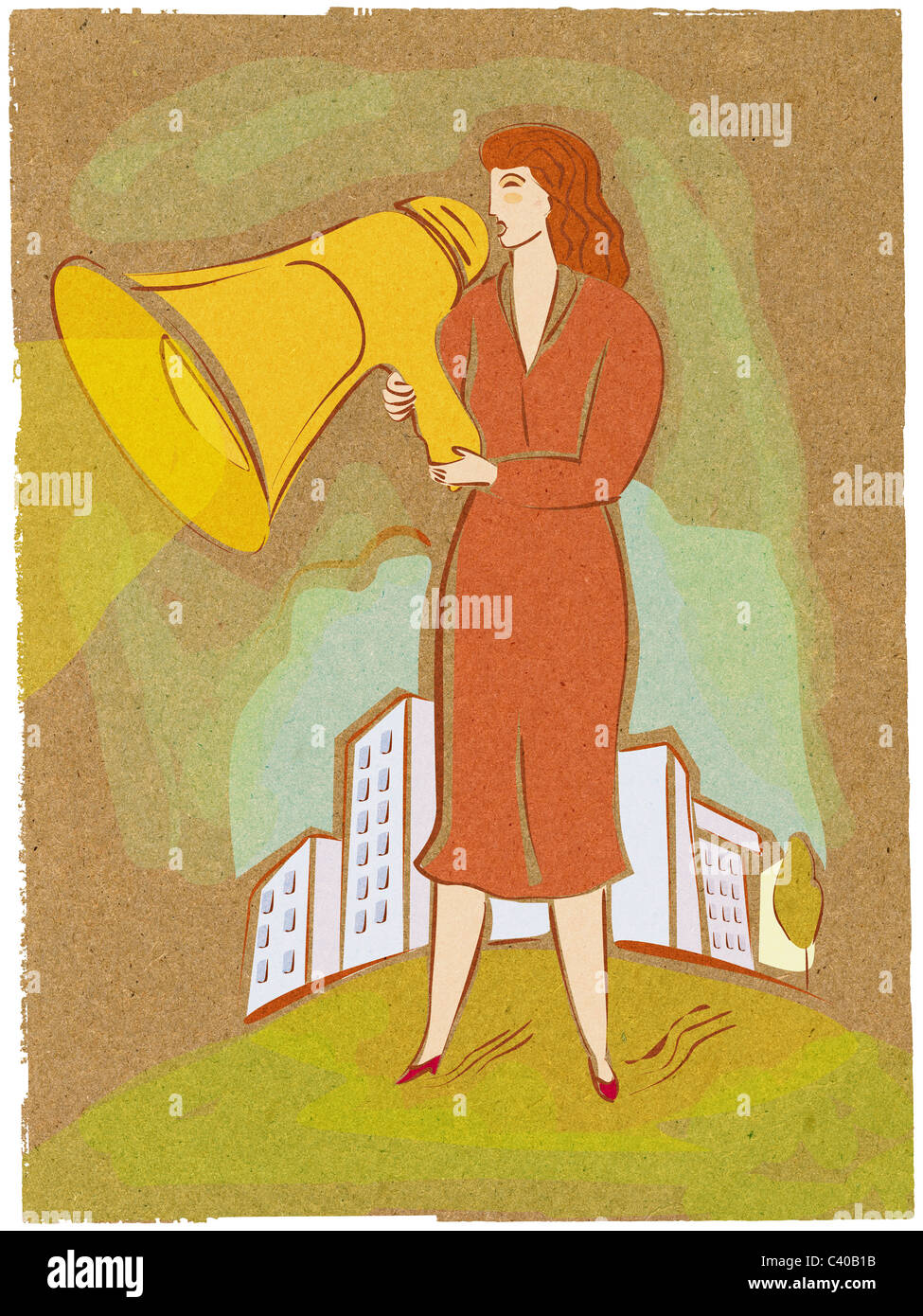 Illustration of a woman with a blow horn Stock Photo - Alamy