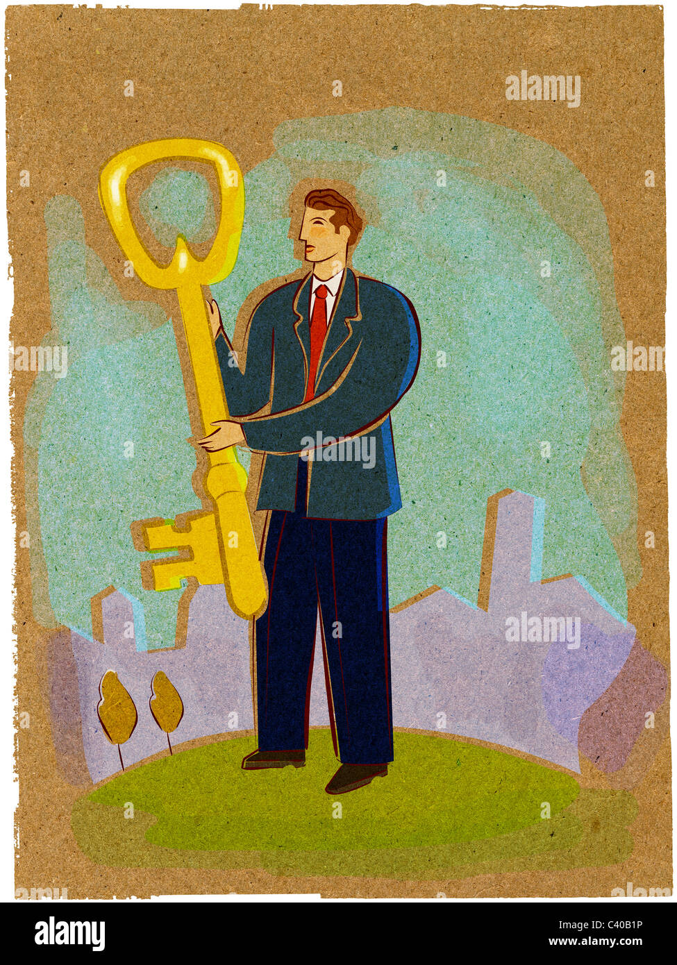 Illustration of a man holding a key Stock Photo - Alamy