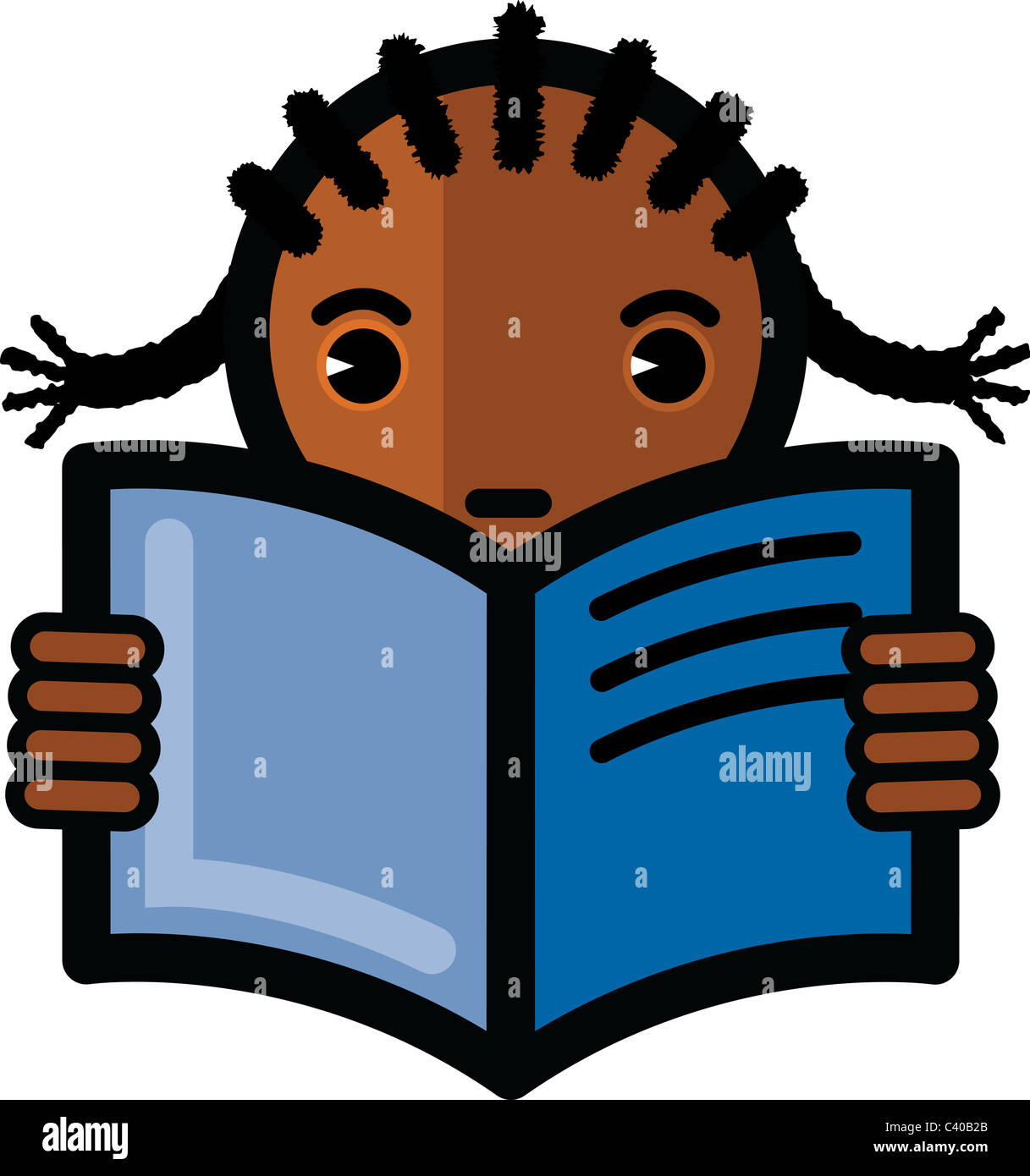 Illustration of a girl with braids reading Stock Photo - Alamy