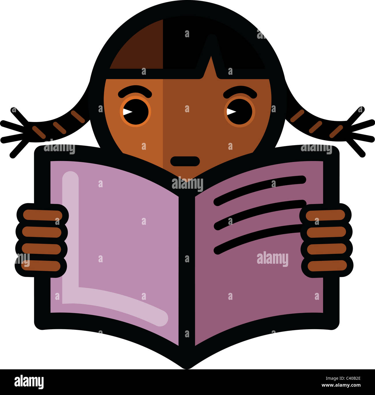 Illustration of a girl with braids reading Stock Photo - Alamy