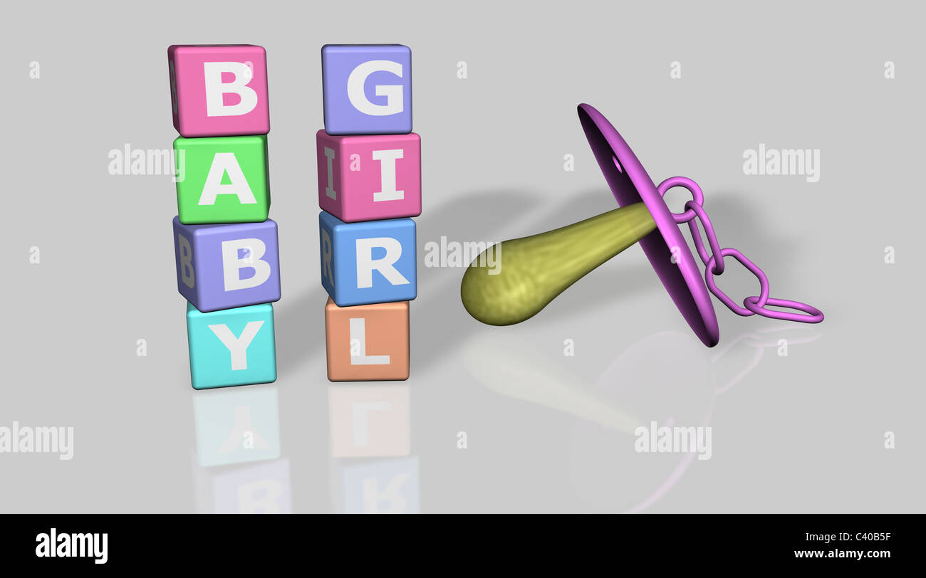 Pacifier and block with words baby and girl Stock Photo - Alamy