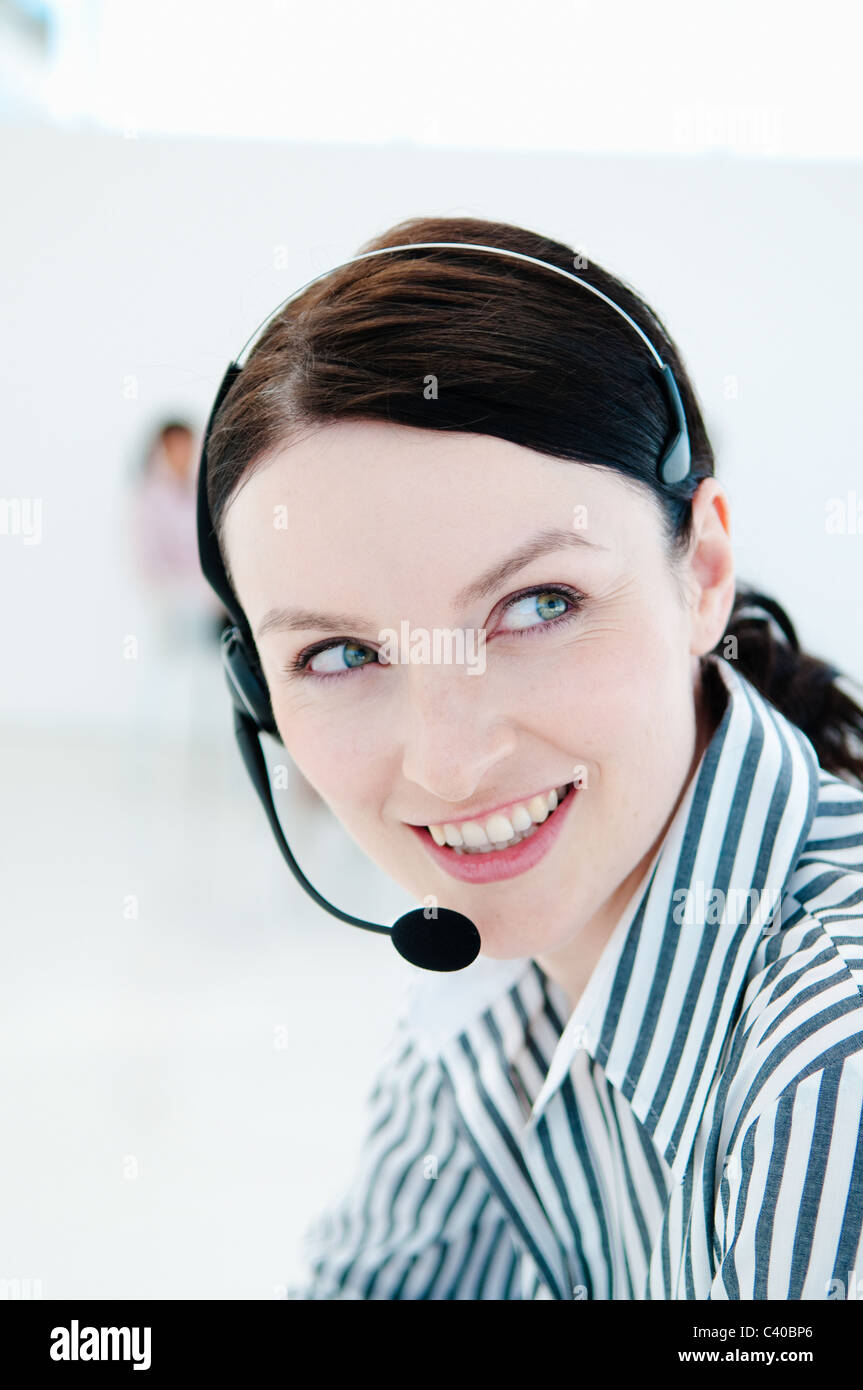 Happy tele sales woman Stock Photo - Alamy