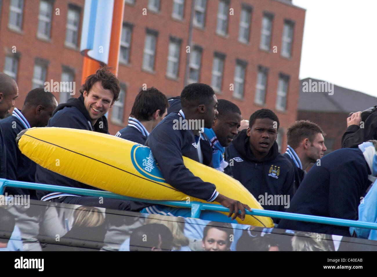 Manchester City Cup Parade tour bus and players, 2011 Stock Photo - Alamy