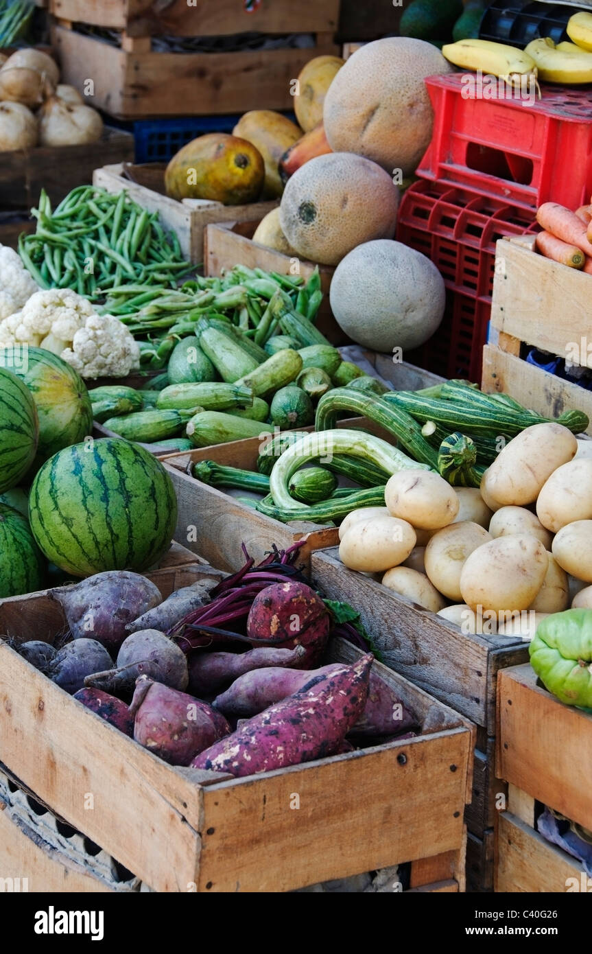 Crates of fresh produce are displayed at an outdoor market in Sayulita ...