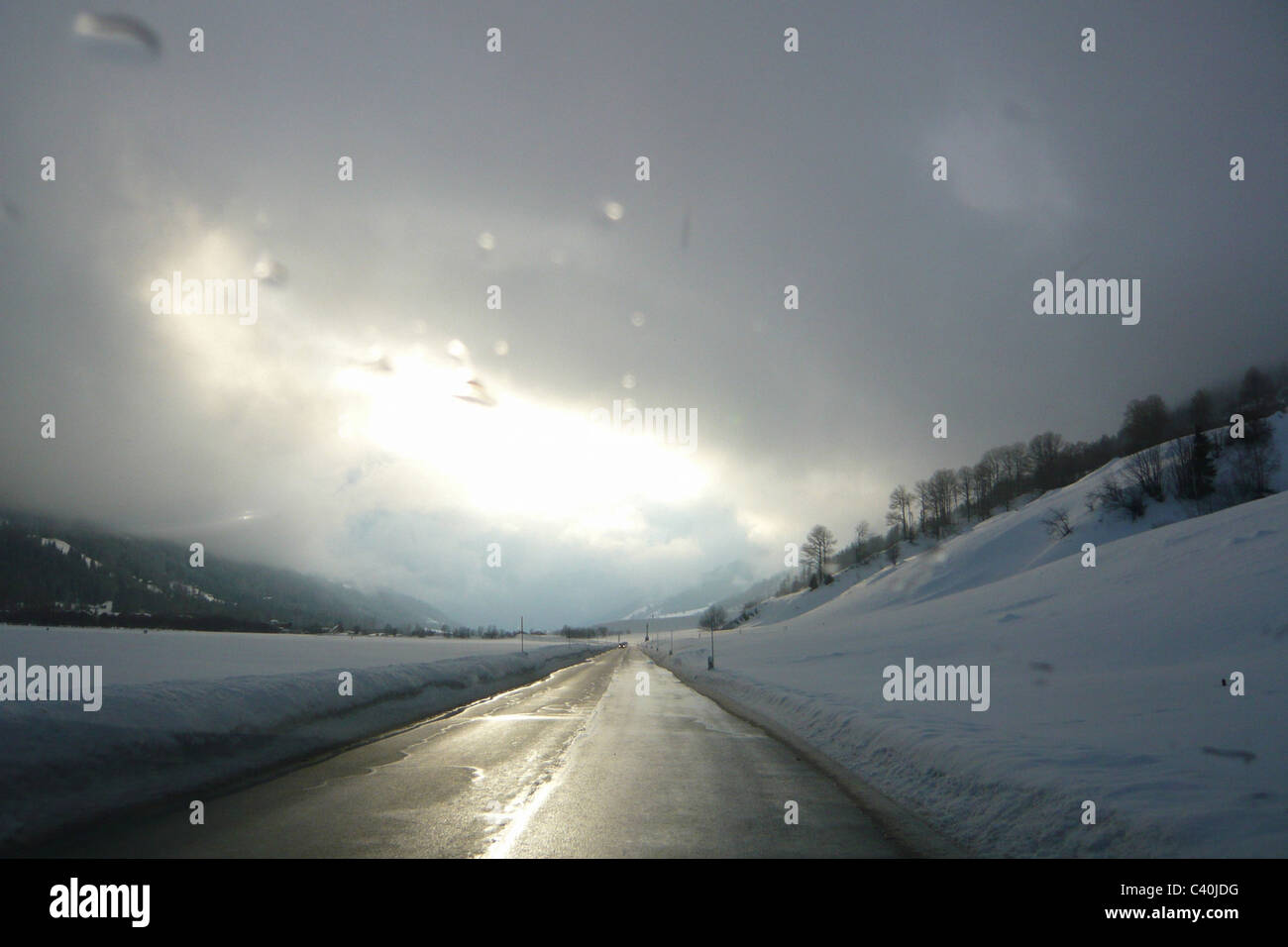 Switzerland, Valais, winter, street, snow, mood, clouds, snow Stock ...