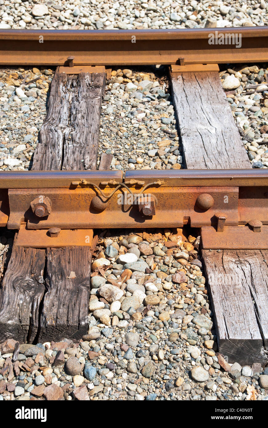 Shows active railroad tracks and ties, with spikes and bolts and screws ...