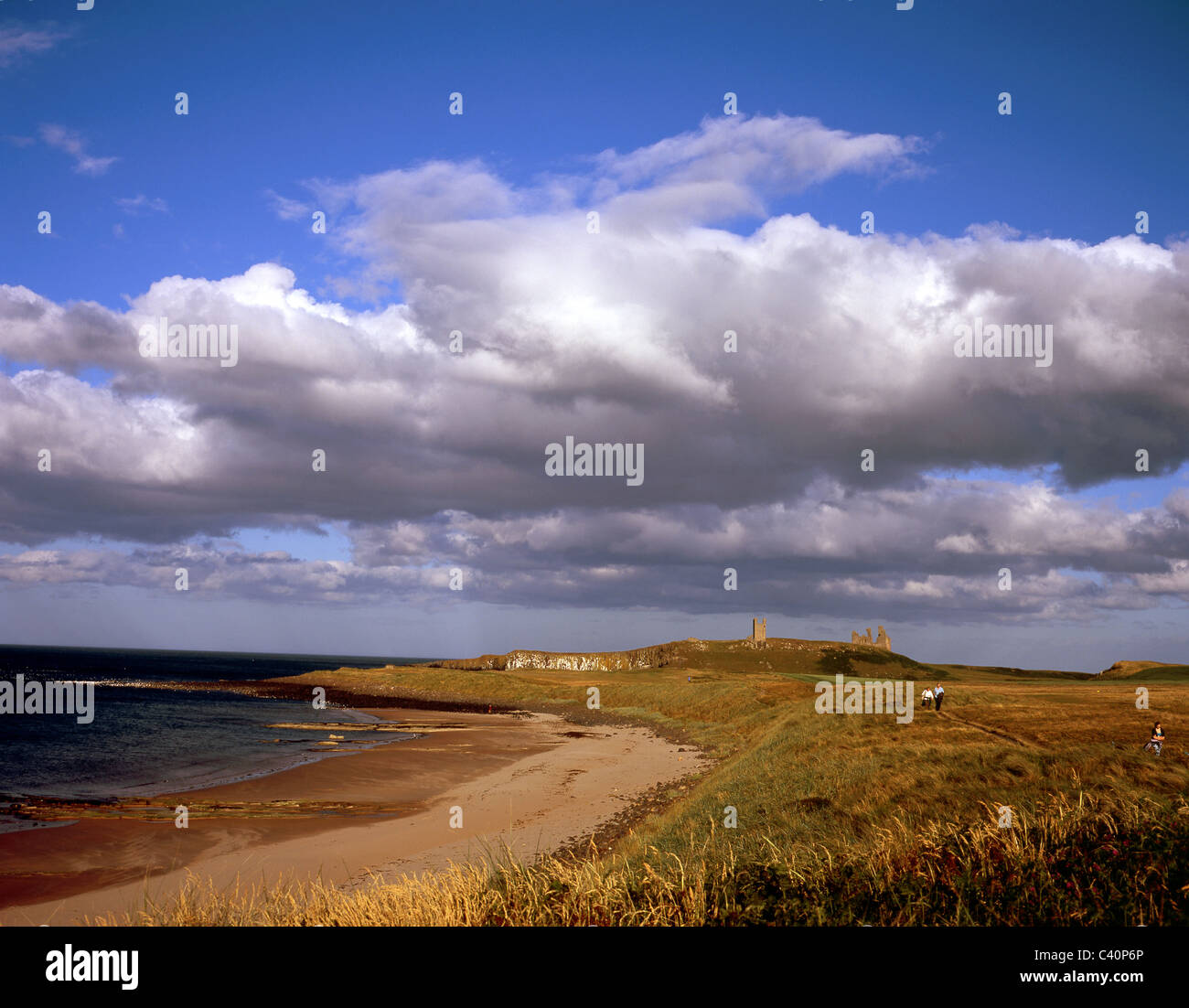 Dunstanburgh Castle from the sandy beach at Embleton Bay Embleton ...