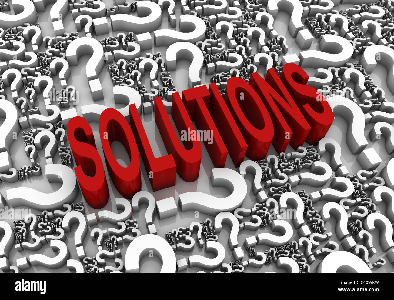 "Solutions" 3D text surrounded by question marks. Part of a series ...