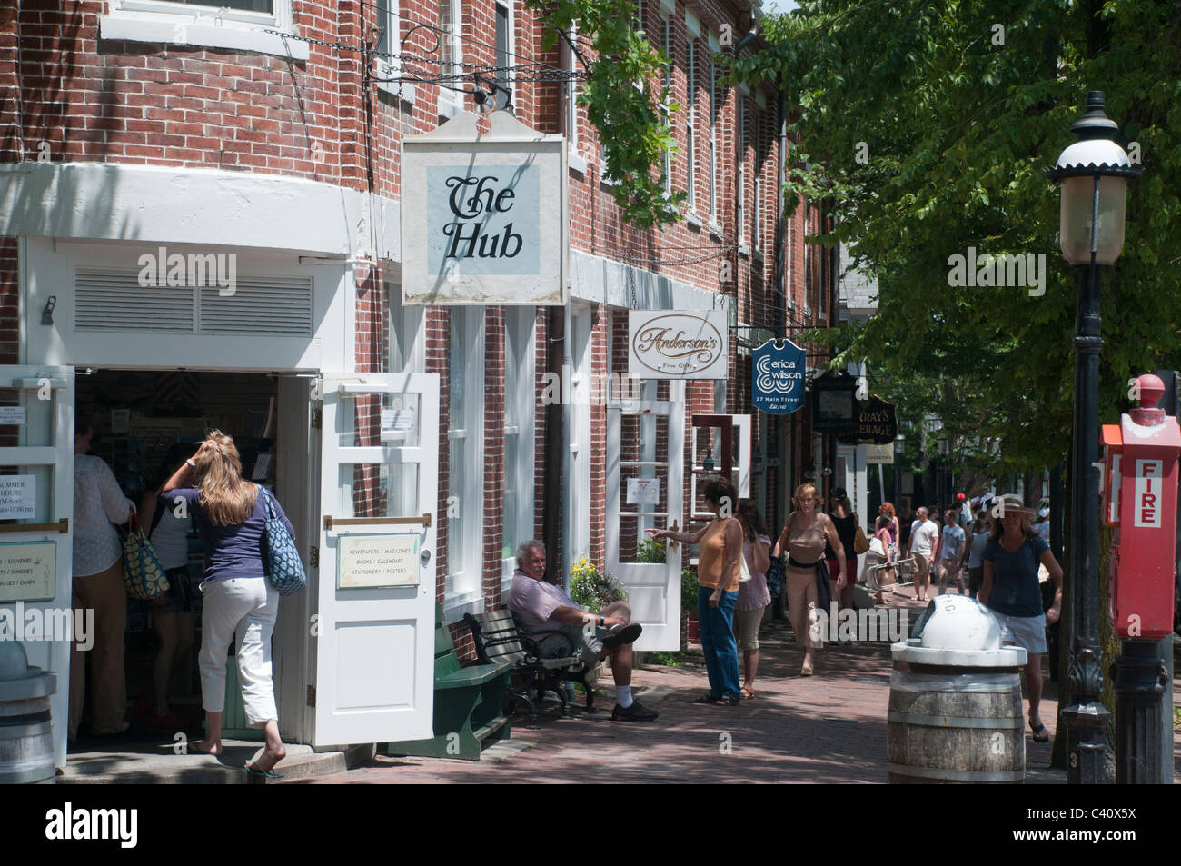 People walk past shops in Nantucket Town Stock Photo - Alamy