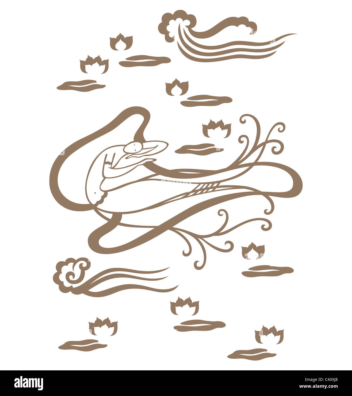 An Oriental Fairy flying in the sky with cloud and water lilies around ...