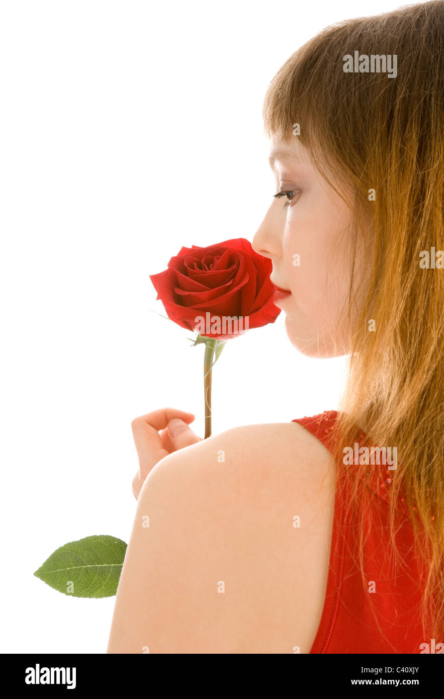 Beautiful woman with one red rose Stock Photo - Alamy