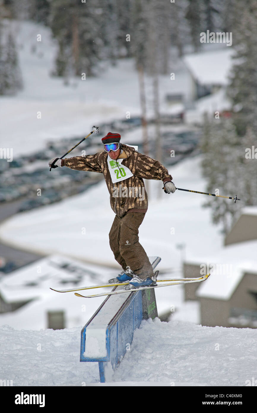 Skier competes in a rail jam competition at Brighton Ski Resort. Salt ...