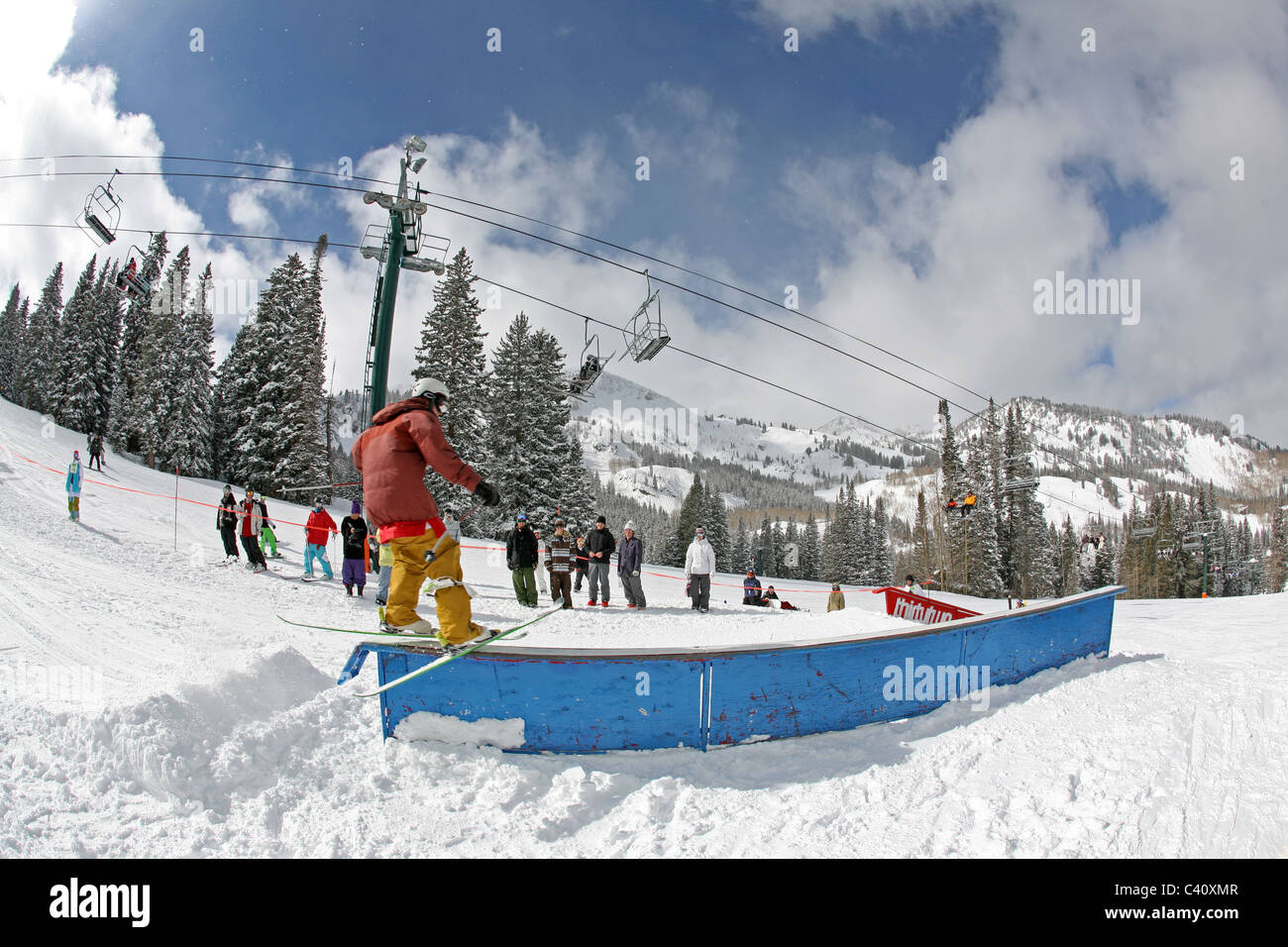 Skier competes in a 'rail jam' competition at Brighton Ski Resort in ...
