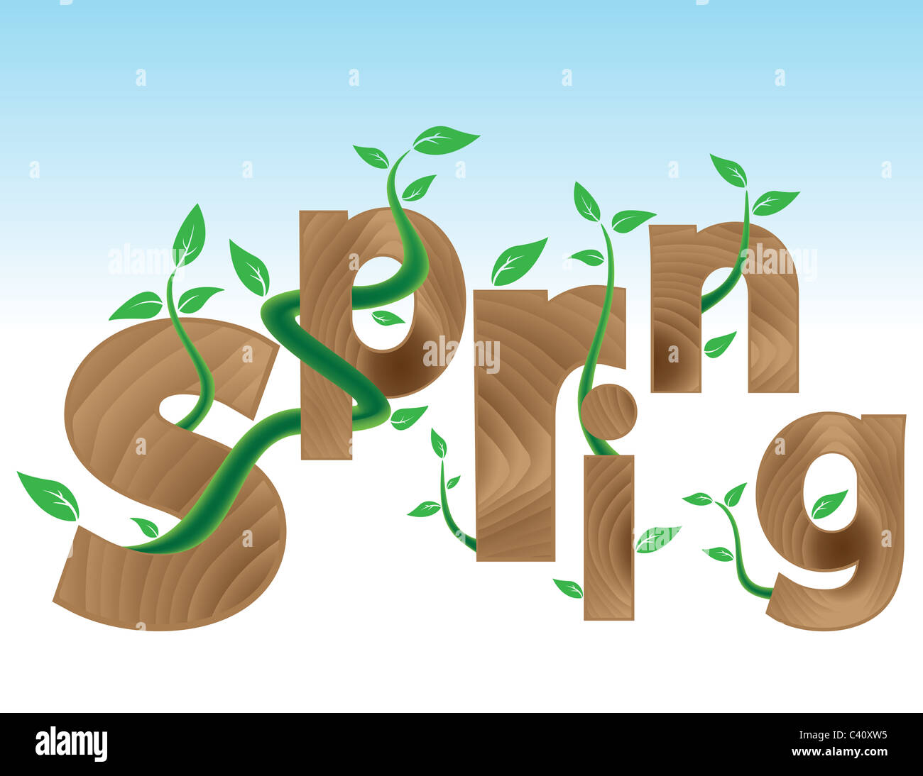 Wood textured Letters SPRING with new green leaves. Spring metaphor ...