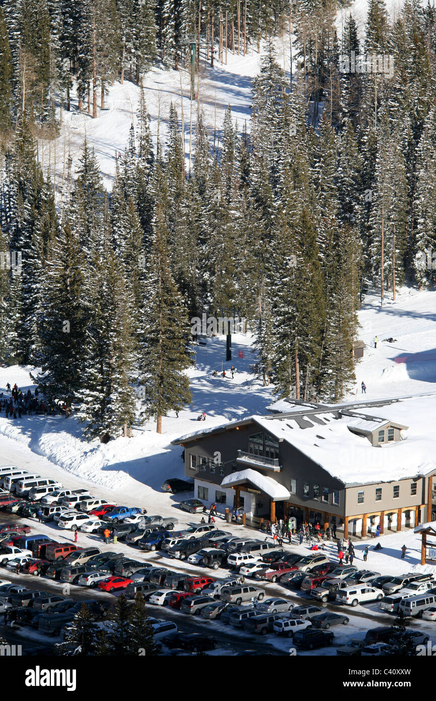 Overview of Brighton ski resort main buildings and car park. Salt Lake ...