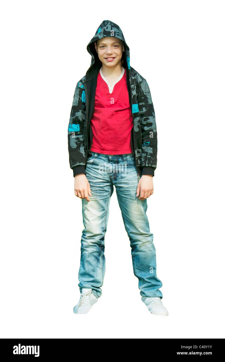 The white boy in jeans to stand with the hood put on a head and smiles ...