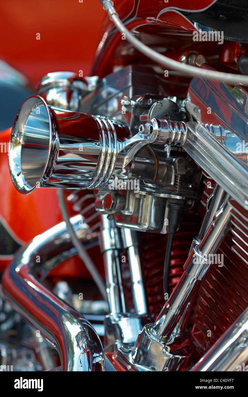 Shiny v-twin motorbike engine of a customized chopper bike Stock Photo ...