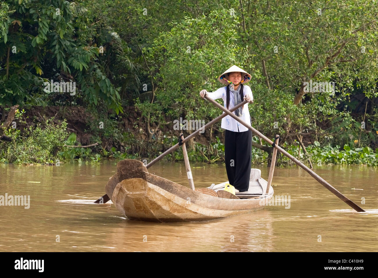 Vietnamese, boat, row, Mekong, river, flow, delta, Vietnam, South-East ...