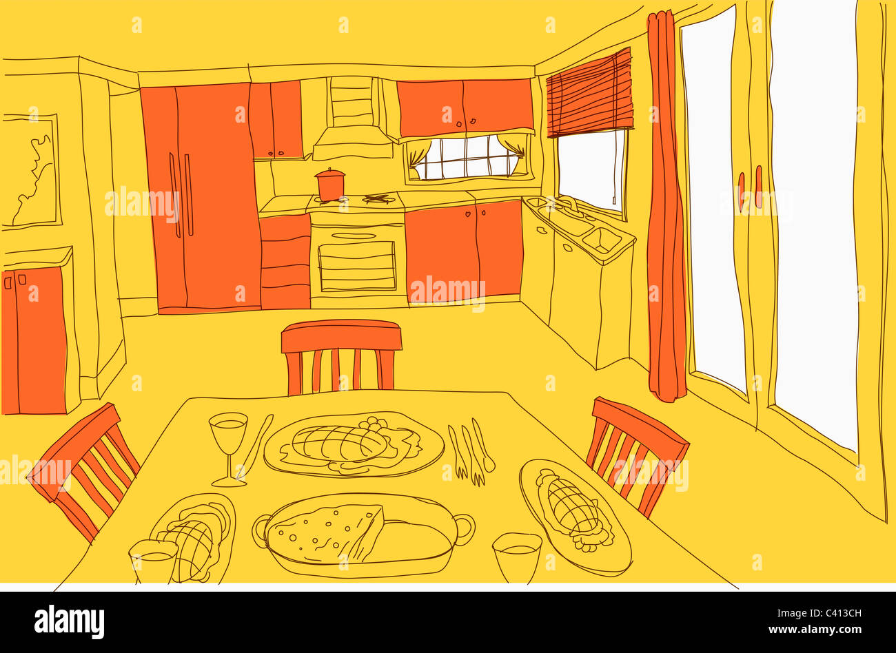 drawing illust of kitchen Stock Photo - Alamy