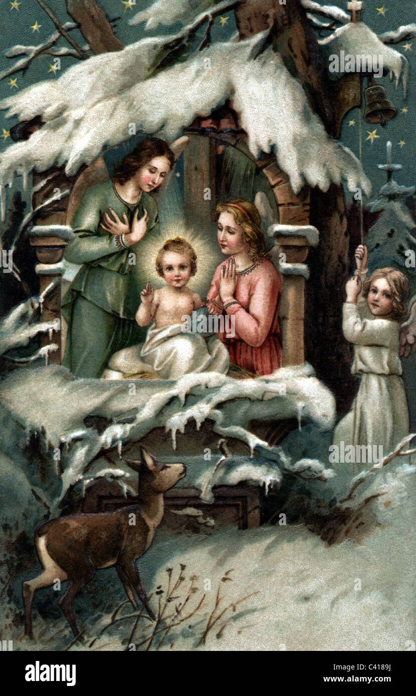 religion, kitschy illustration of the birth of Jesus Christ, coloured ...