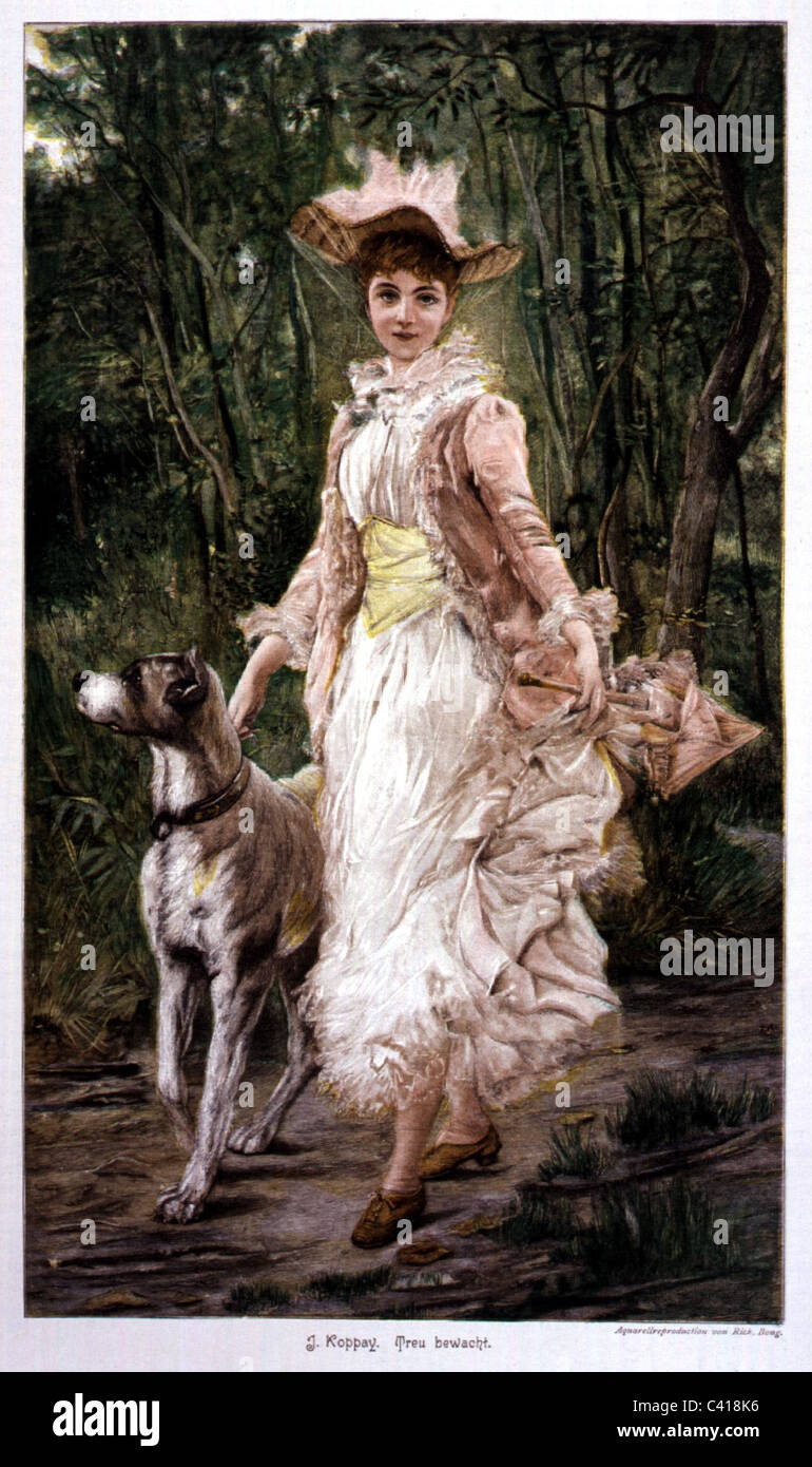 people, women, woman with dog, "Treu bewacht" (Faithfully guarded ...