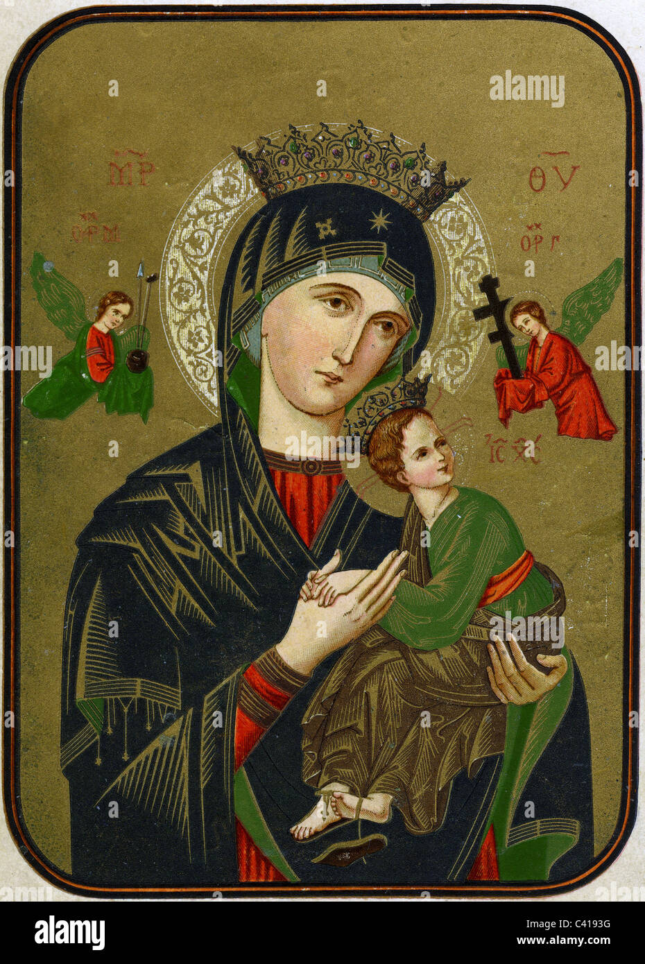 Holy Mary, portrait, with baby Jesus, coloured art print Stock Photo ...