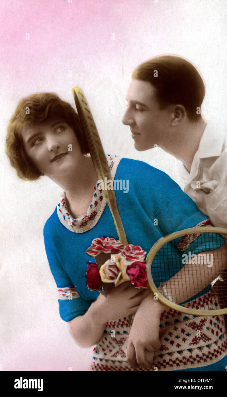 sports, tennis, couple with tennis racket, picture postcard, circa 1925 ...