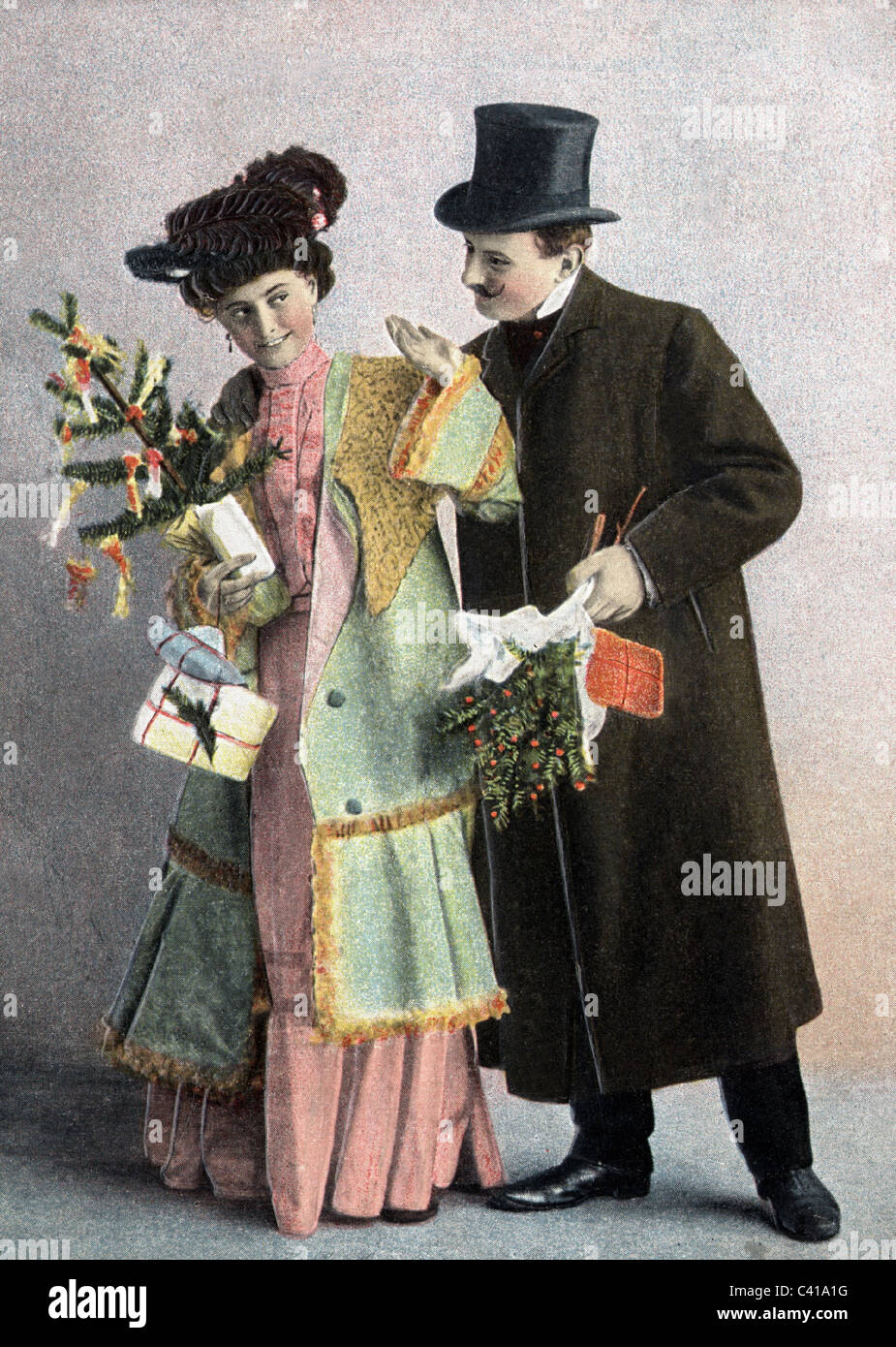 Christmas, man and woman with presents, postcard, circa 1900 ...