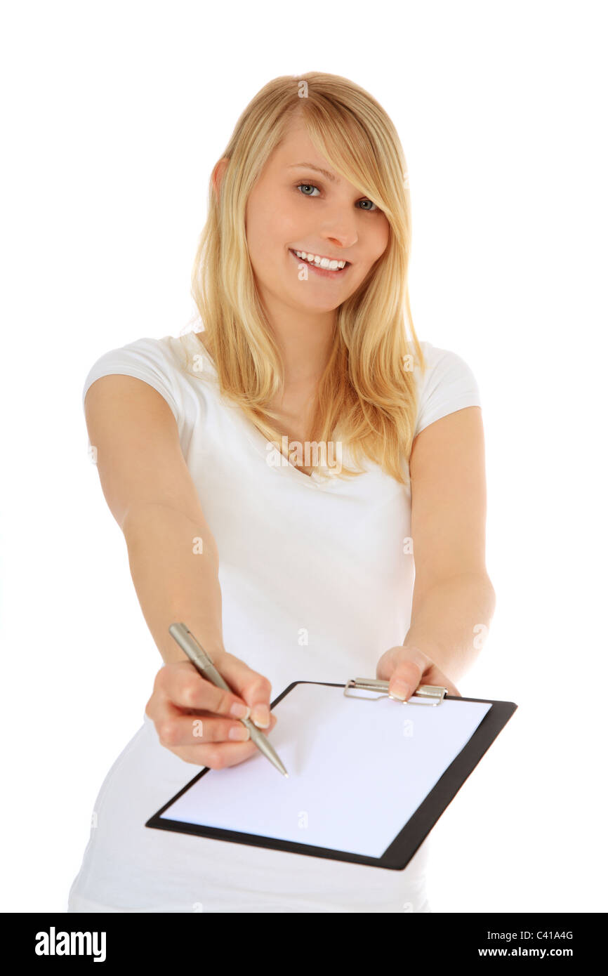 Attractive teenage girl doing a survey. All on white background Stock ...