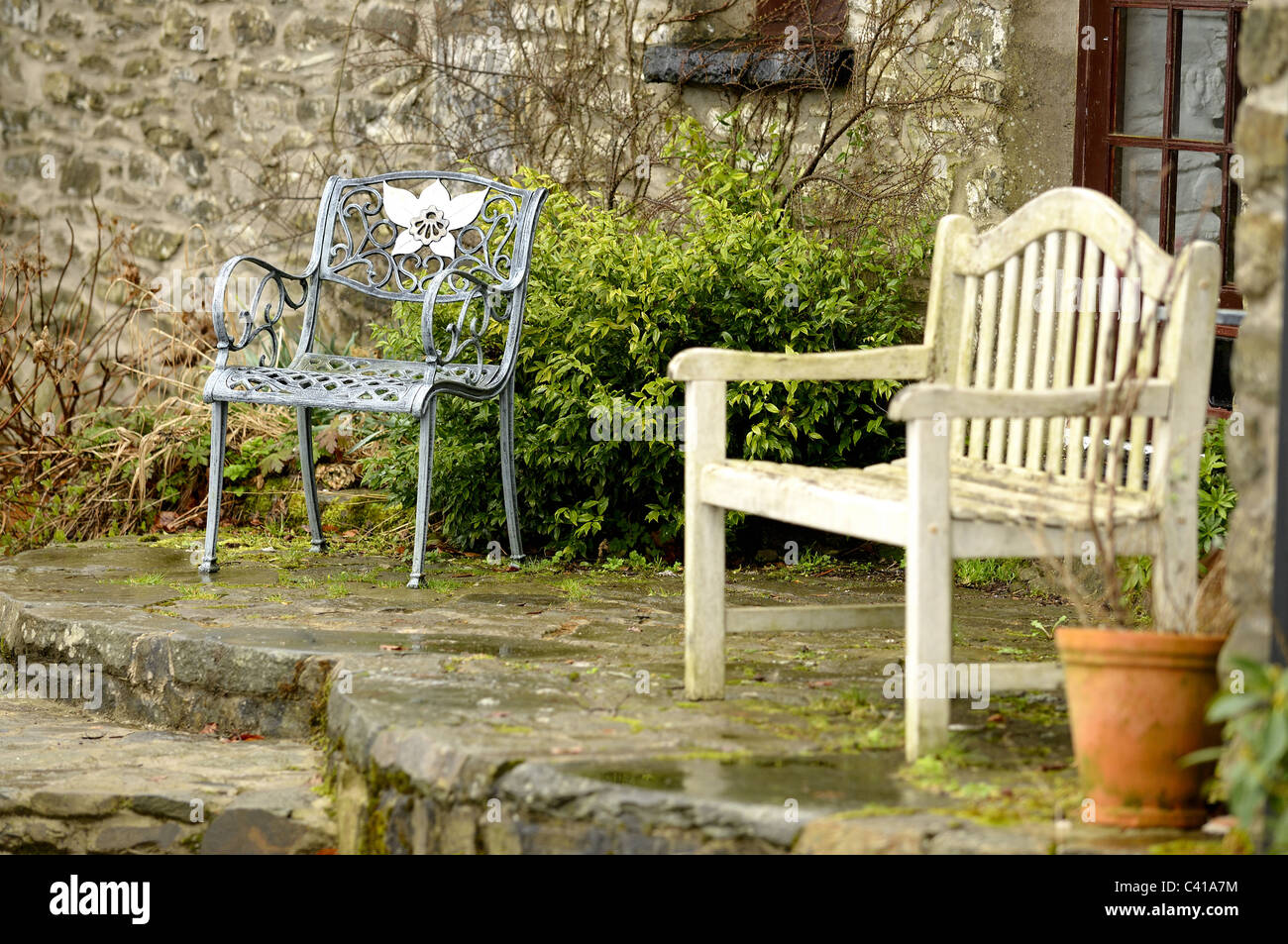 Garden seating at the PantGlas retreat Stock Photo - Alamy