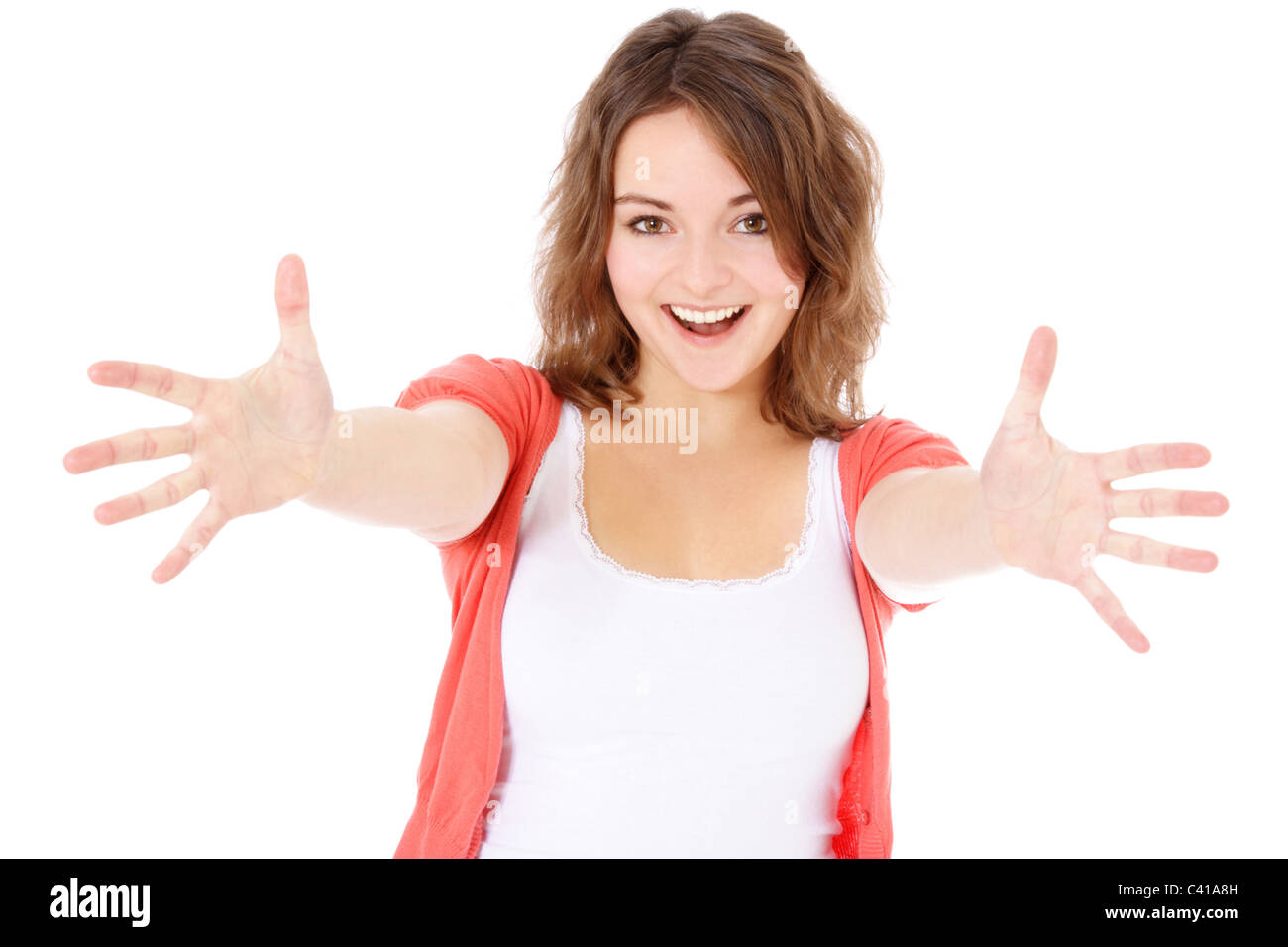 Attractive young woman with joyful expression. All on white background ...