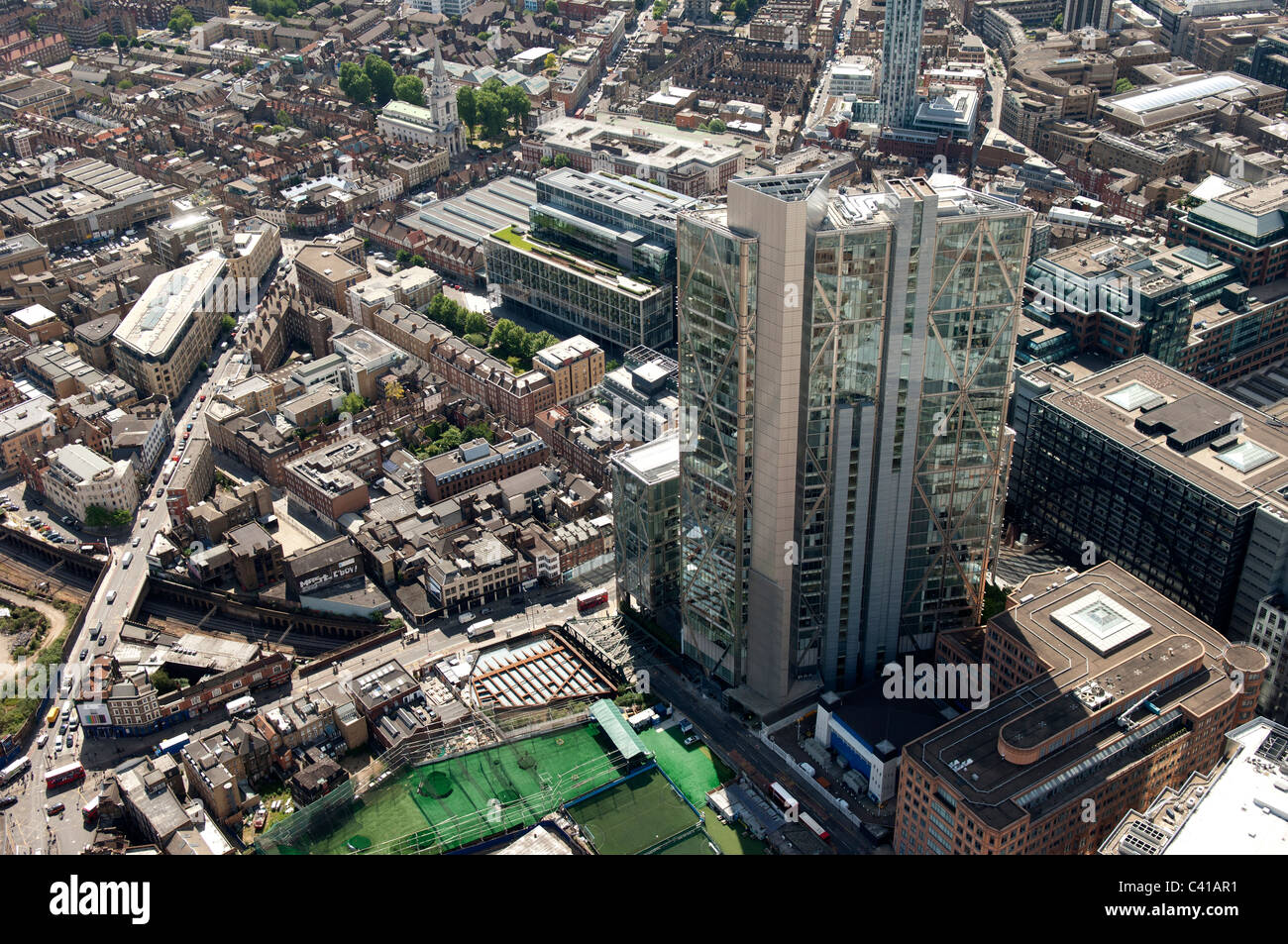 Broadgate Tower in the City of London as seen from the air Stock Photo ...