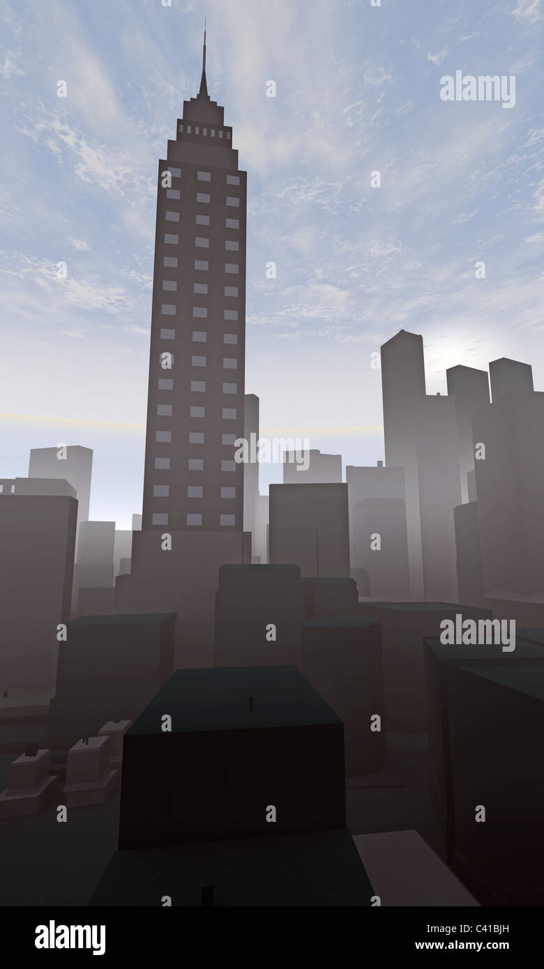 Skyline of buildings in 3D render with fog Stock Photo - Alamy