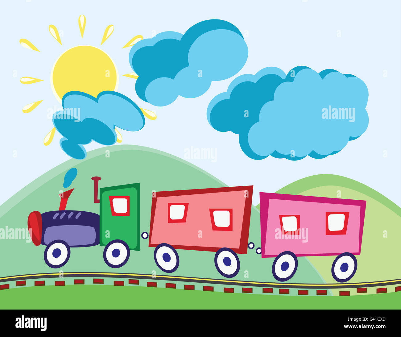 Steam locomotive and wagons in animated cartoon childish style Stock ...