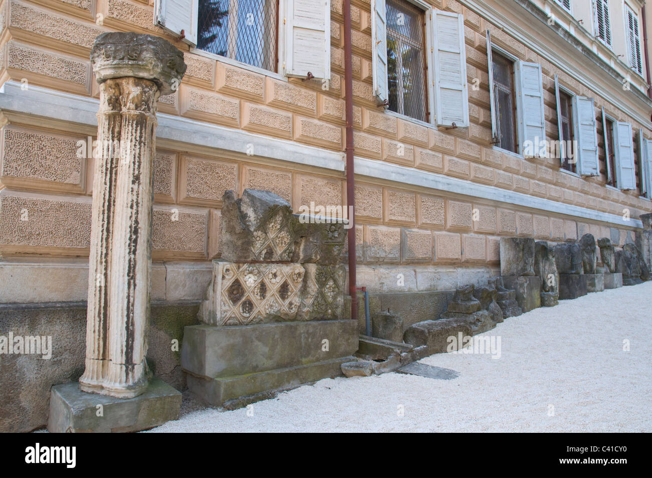 Artefacts outside Arheoloski muzej the Archeological museum of Pula the ...