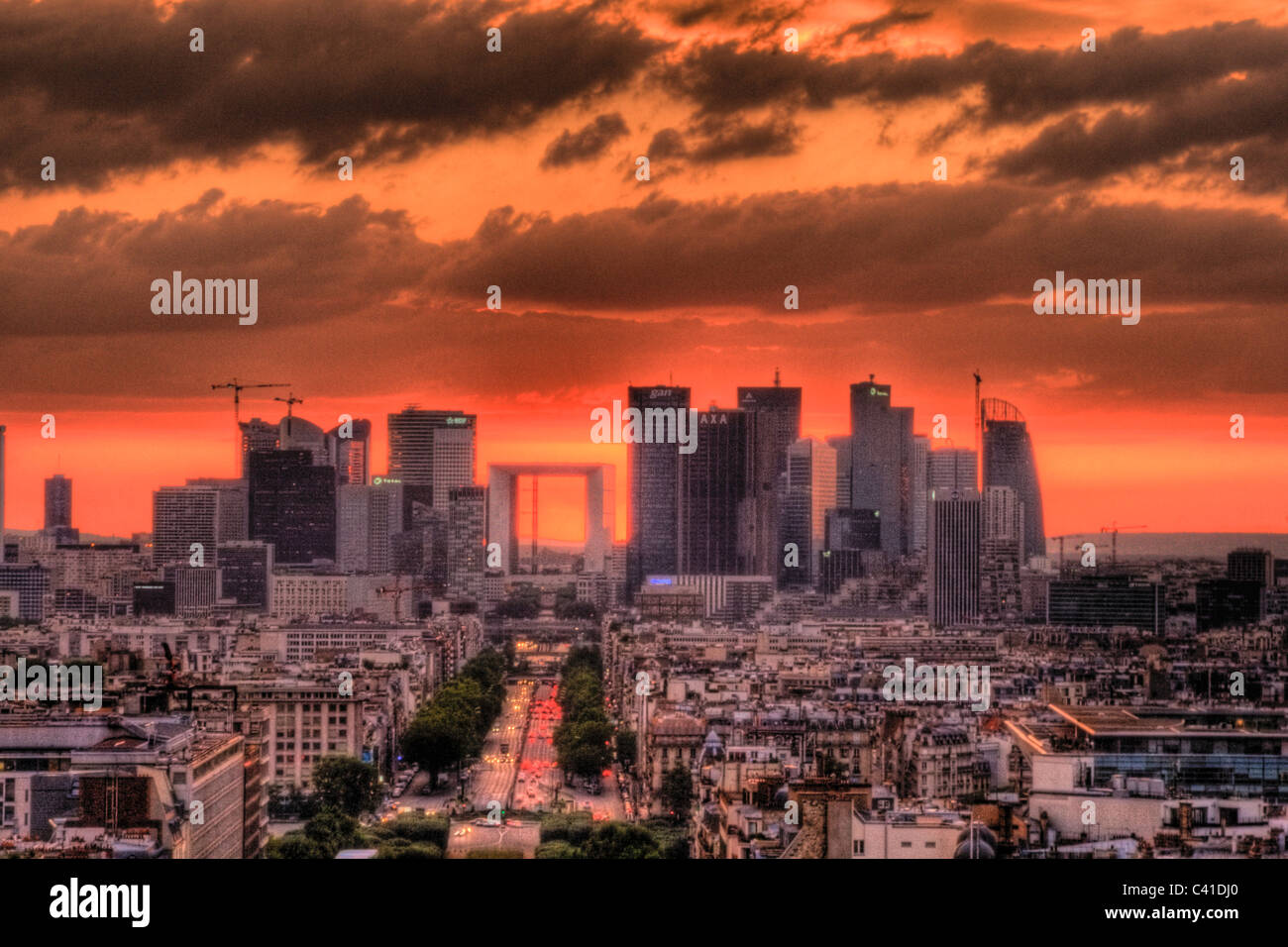 Paris la Defense burning red sky looking down major business district ...