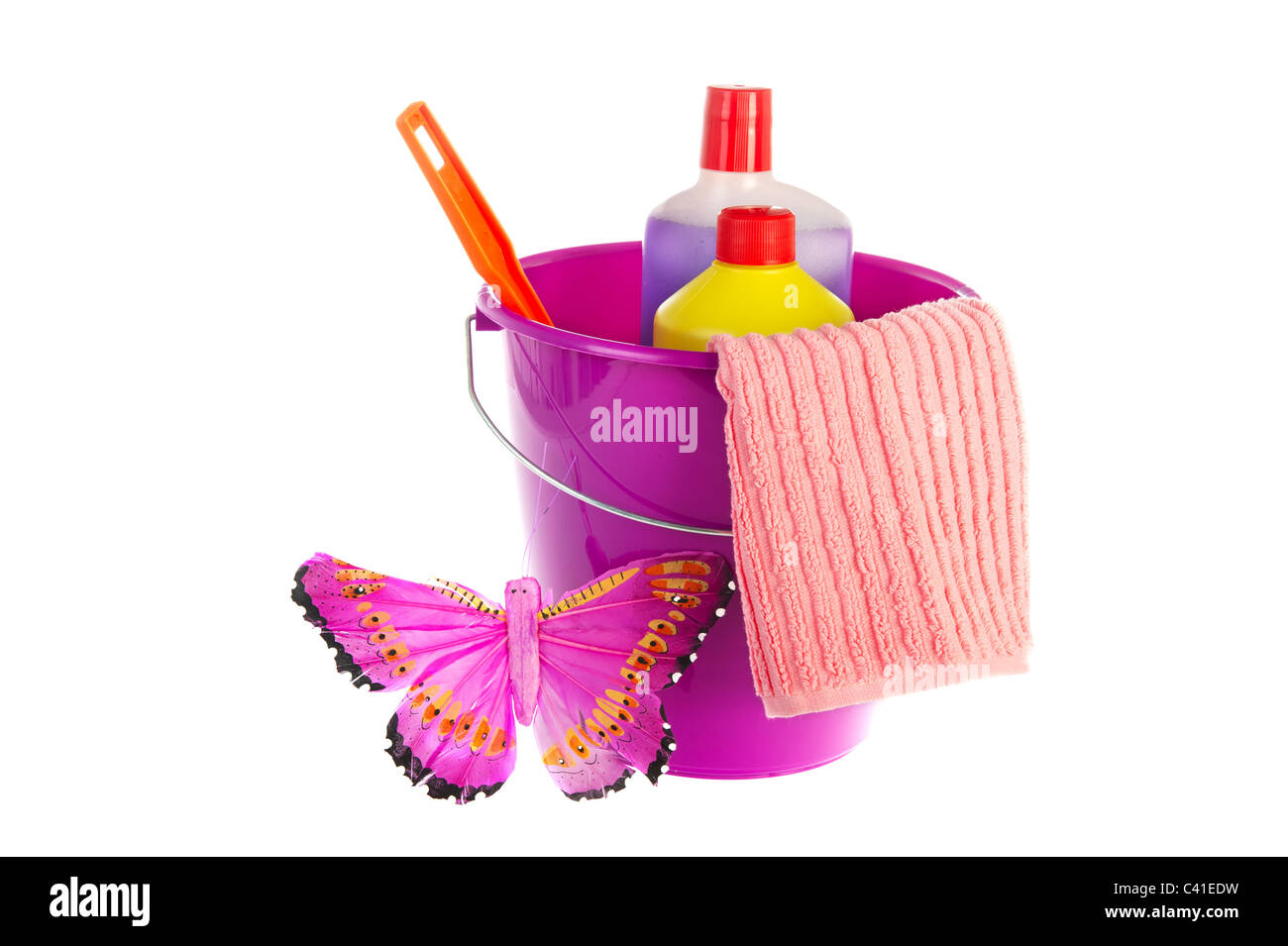 Violet plastic bucket with liquid bottles cloth and brush Stock Photo ...