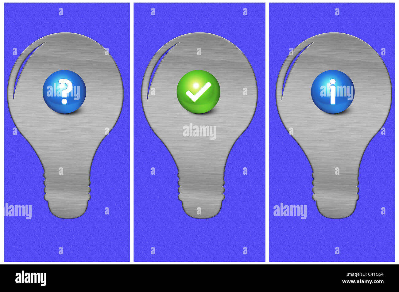 Question, interjection and tick mark over triptych blue background and ...