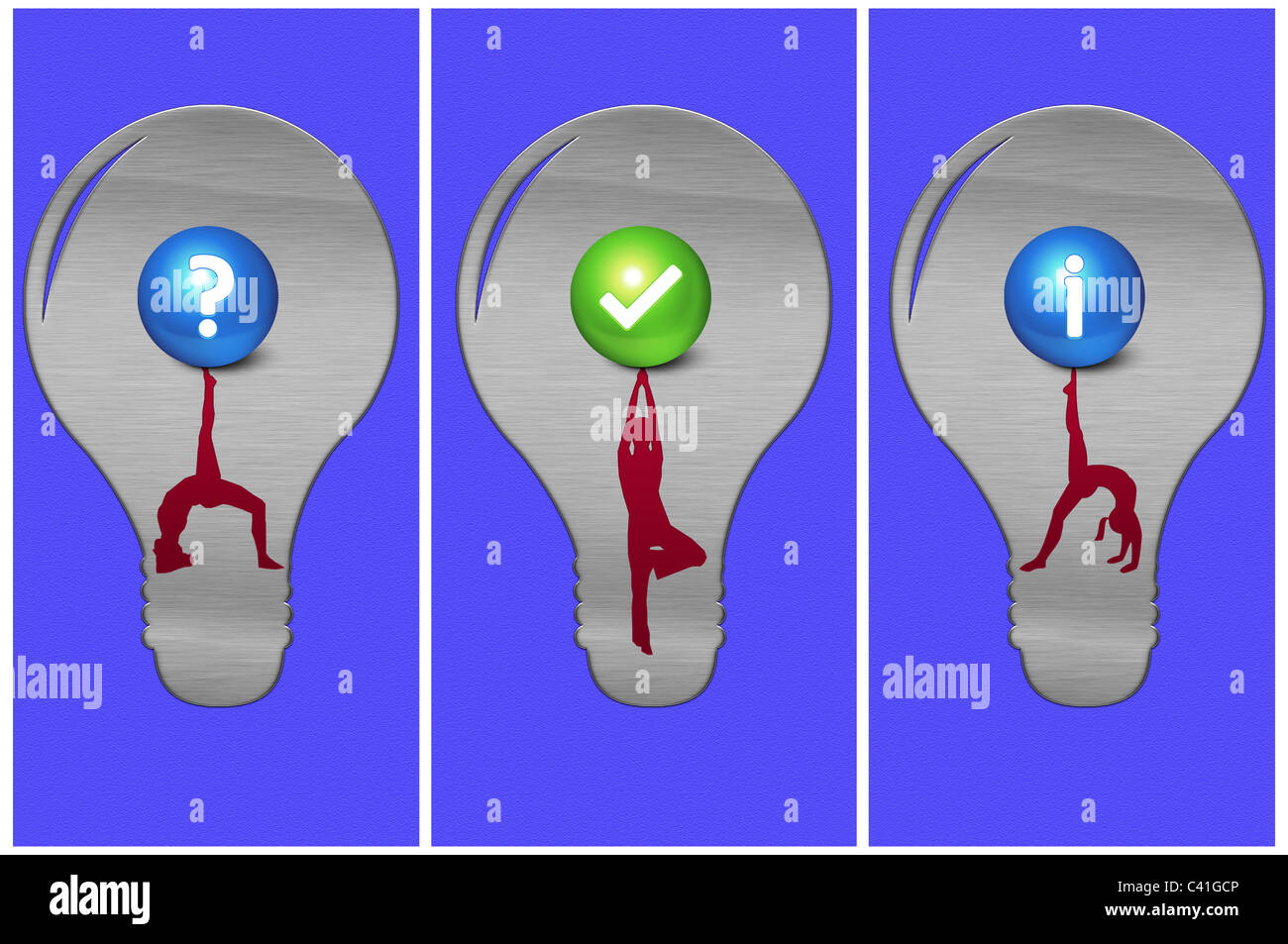 Three figures of a gymnastic woman with question, interjection and tick ...