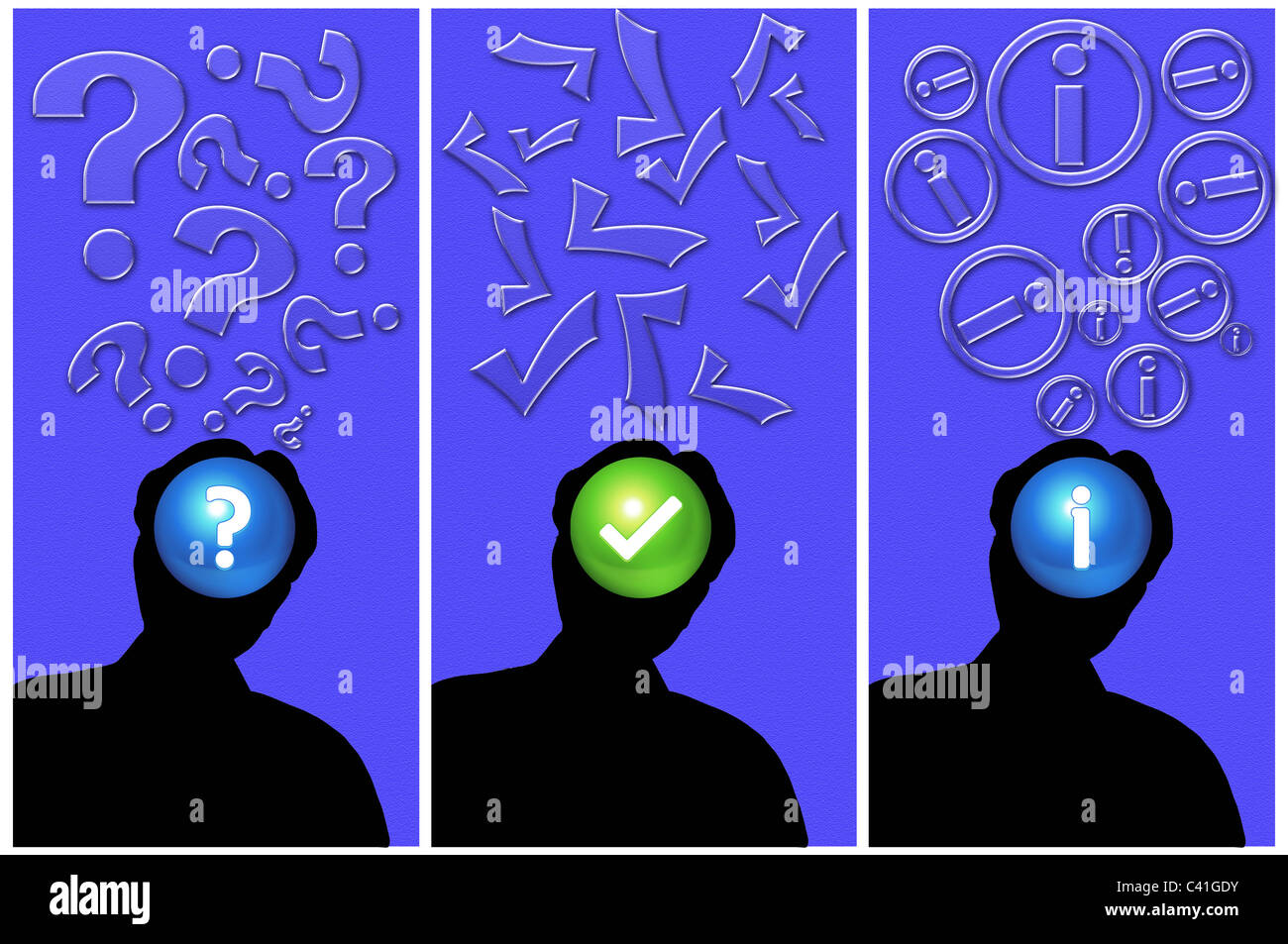 Three figures of a man with question, interjection and tick mark sign ...