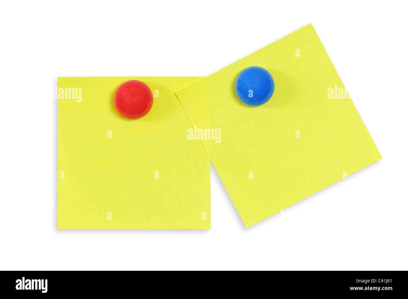 Yellow reminder notes with red pin isolated on the white background ...