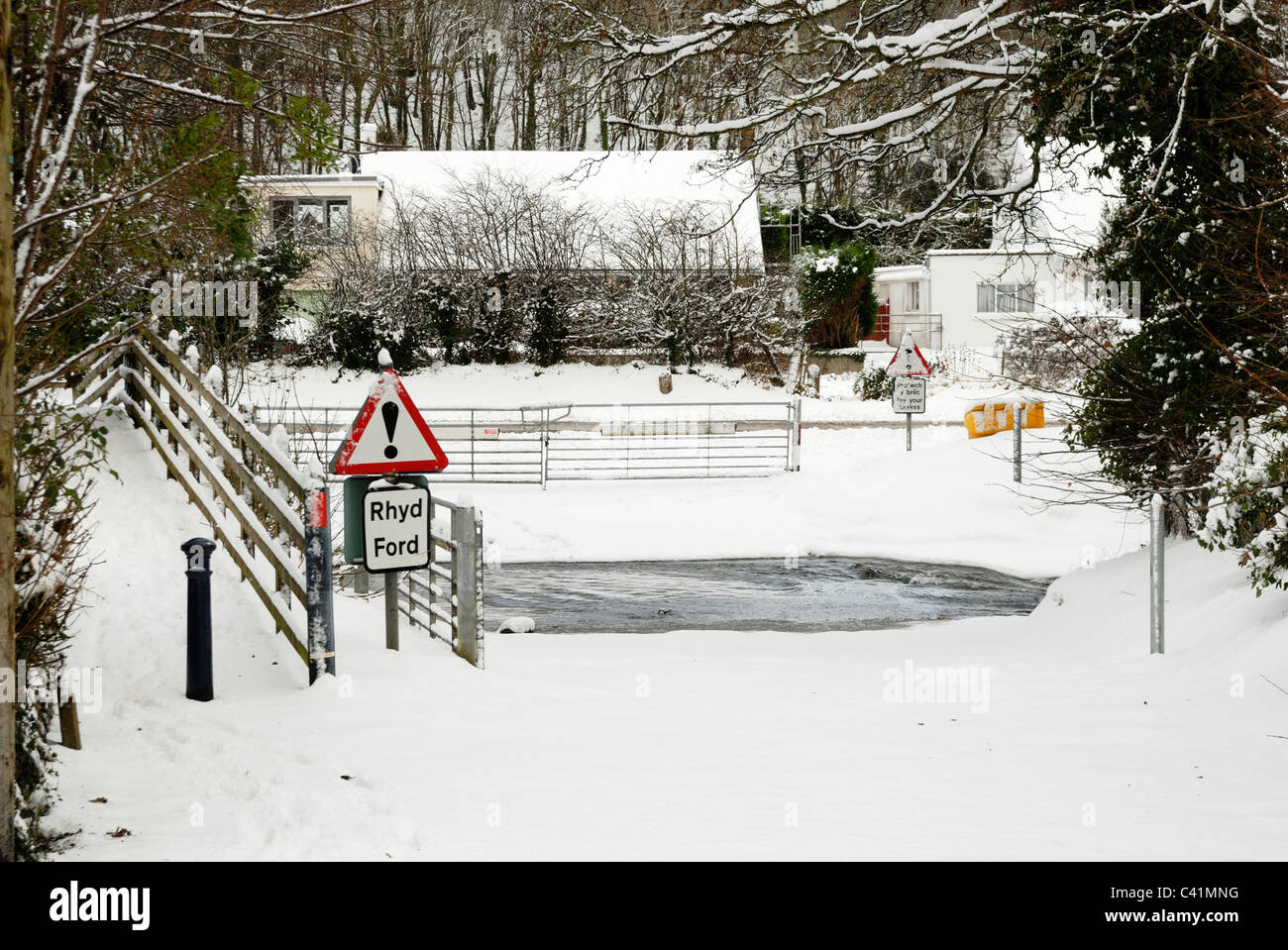 The ford over the River Wyre in Llanrhystud, Wales in snow and freezing ...