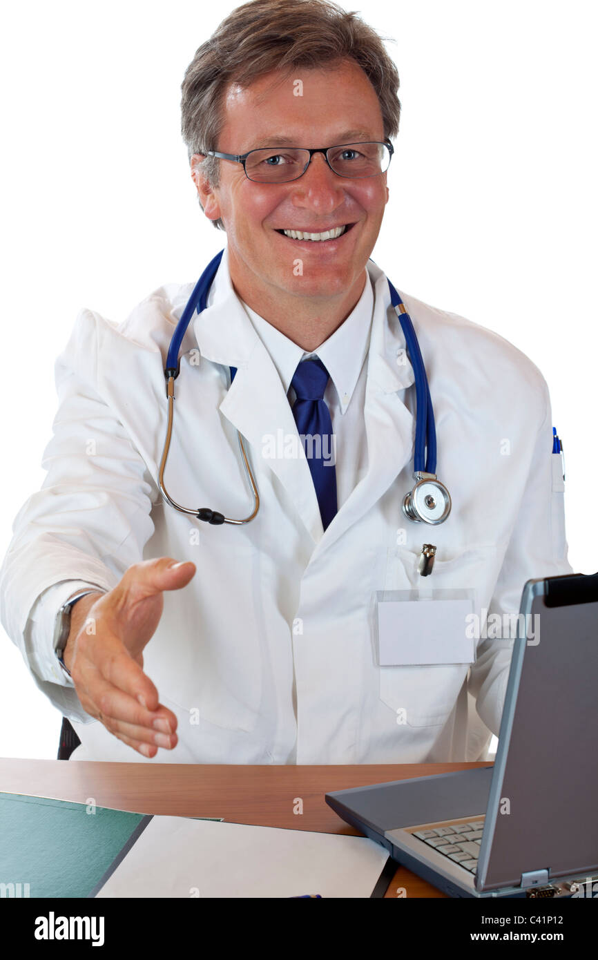 Friendly medical male doctor gives hand for handshake. Isolated on ...