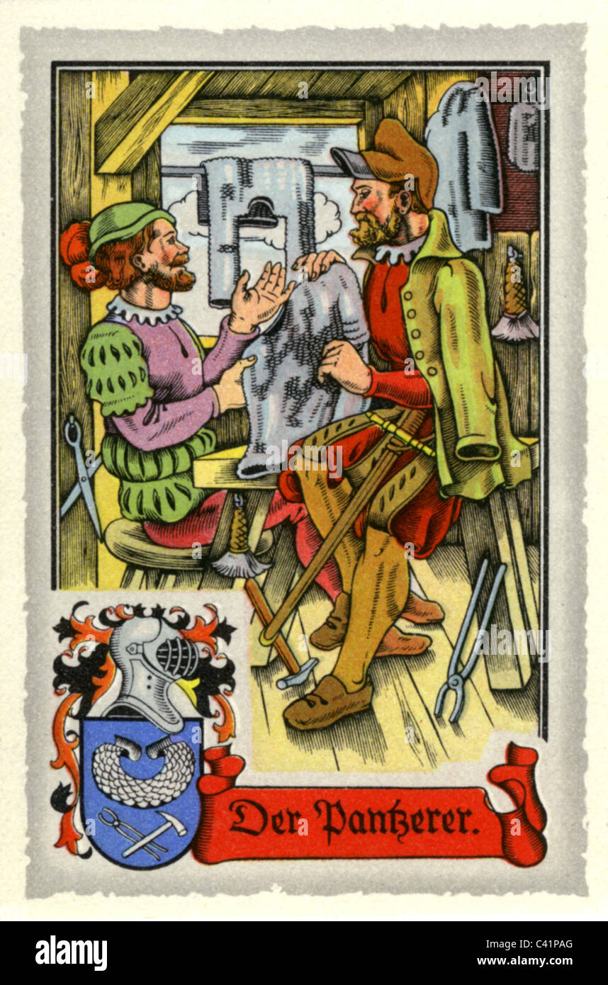 people, professions, armourer, circa 1575, colour print, cigarette card ...