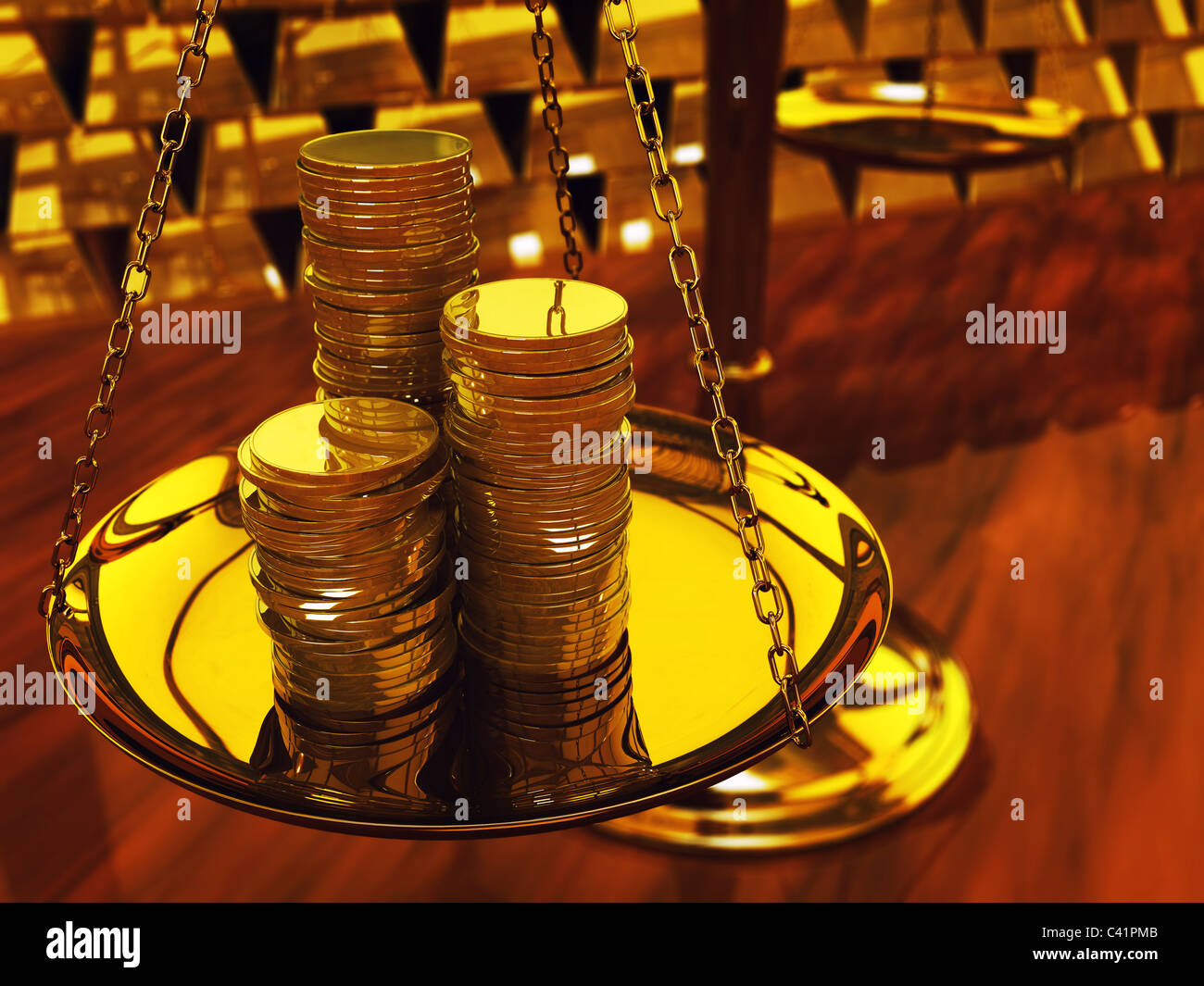 Gold coins on brass scale and gold ingots ,3d illustration Stock Photo ...