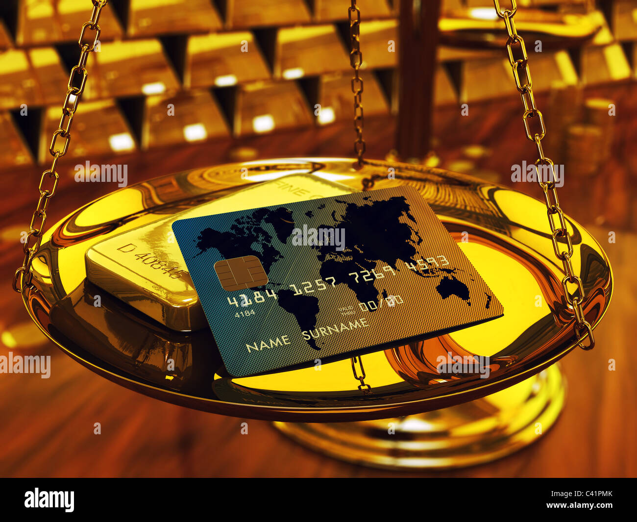 Credit card ,gold ingots and brass scale , 3d illustration Stock Photo ...
