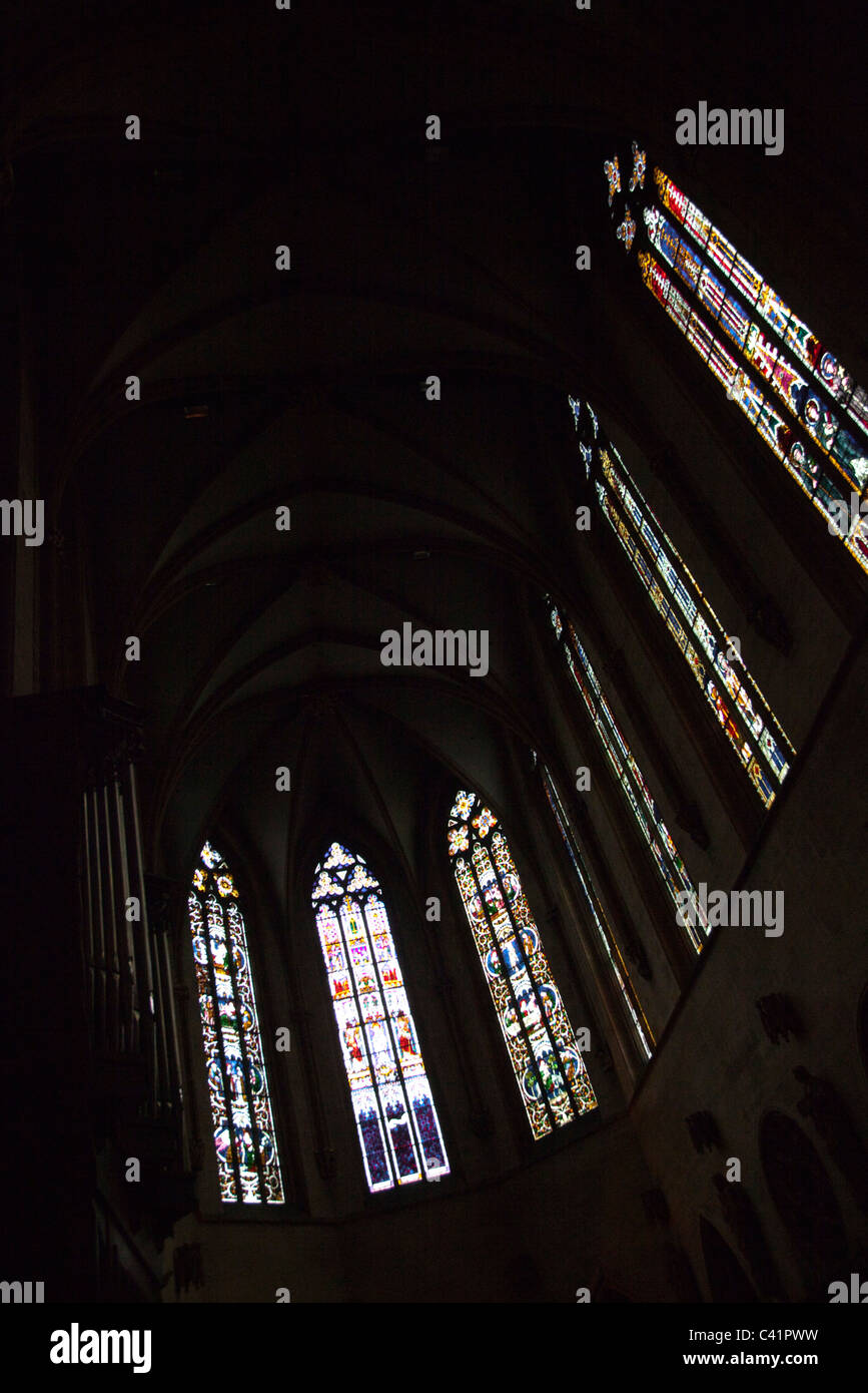 Stained glass windows inside of Saint Martin church, Colmar, France ...